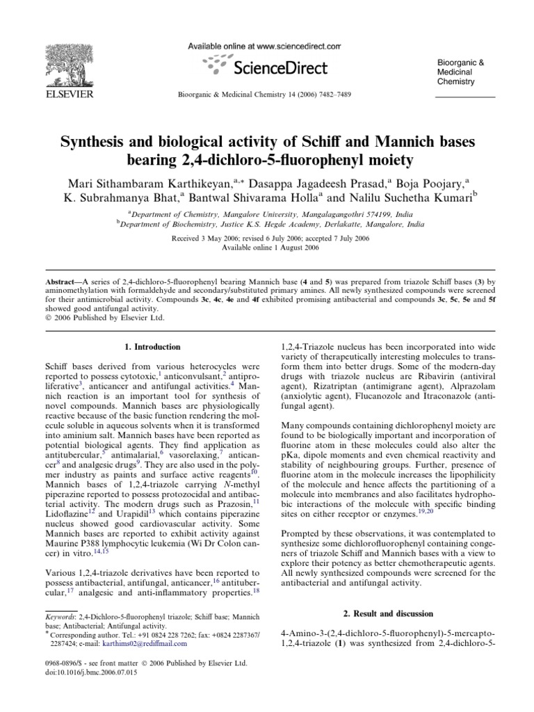 Synthesis and Biological Activity of Schiff and Mannich Bases Bearing 2,4-Dichloro-5 ...