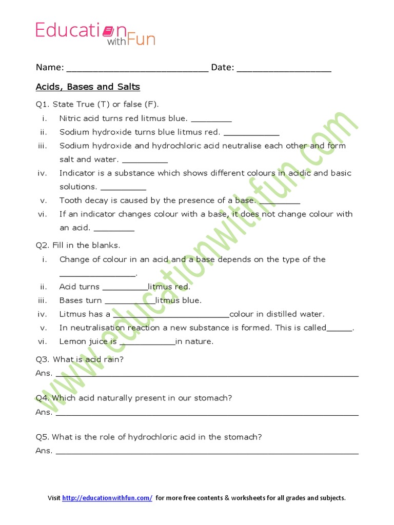 Acids, Bases and Salts Worksheet 1 | Download Free PDF | Acid ...