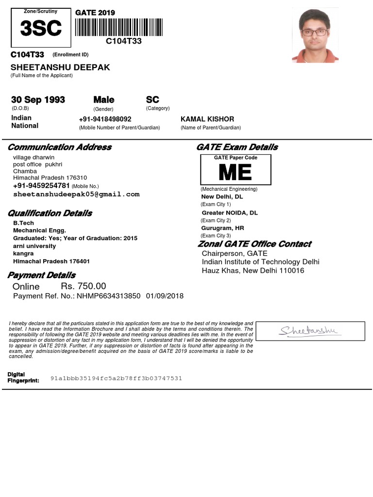 GATE 2019 Application Details | PDF
