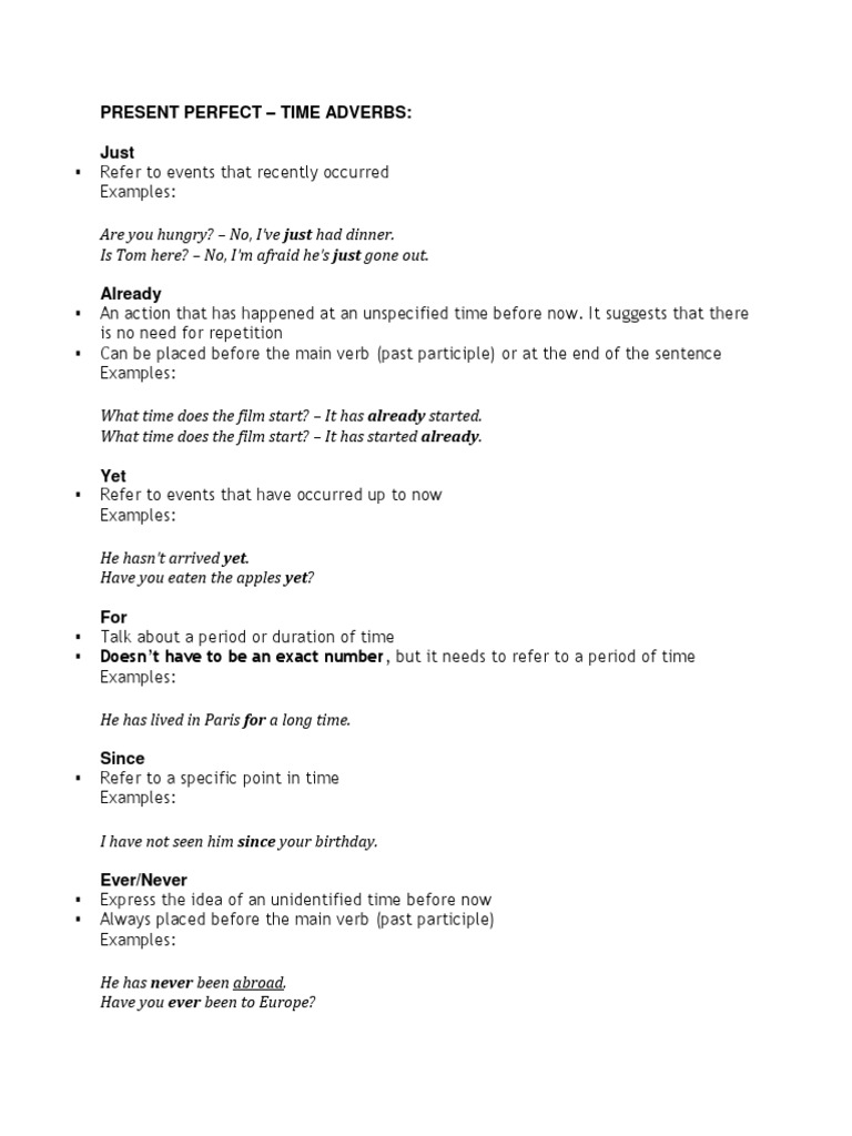 Present Perfect - Time Adverbs: Just | PDF