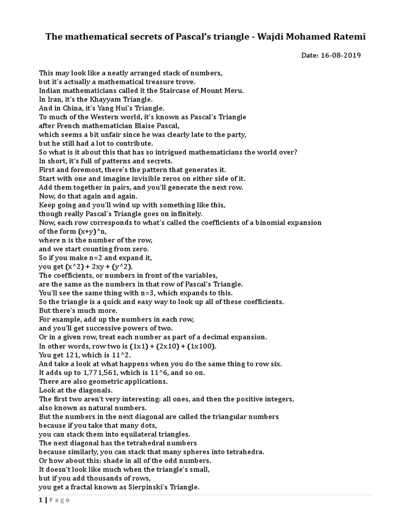 The Mathematical Secrets of Pascal | PDF | Teaching Mathematics ...