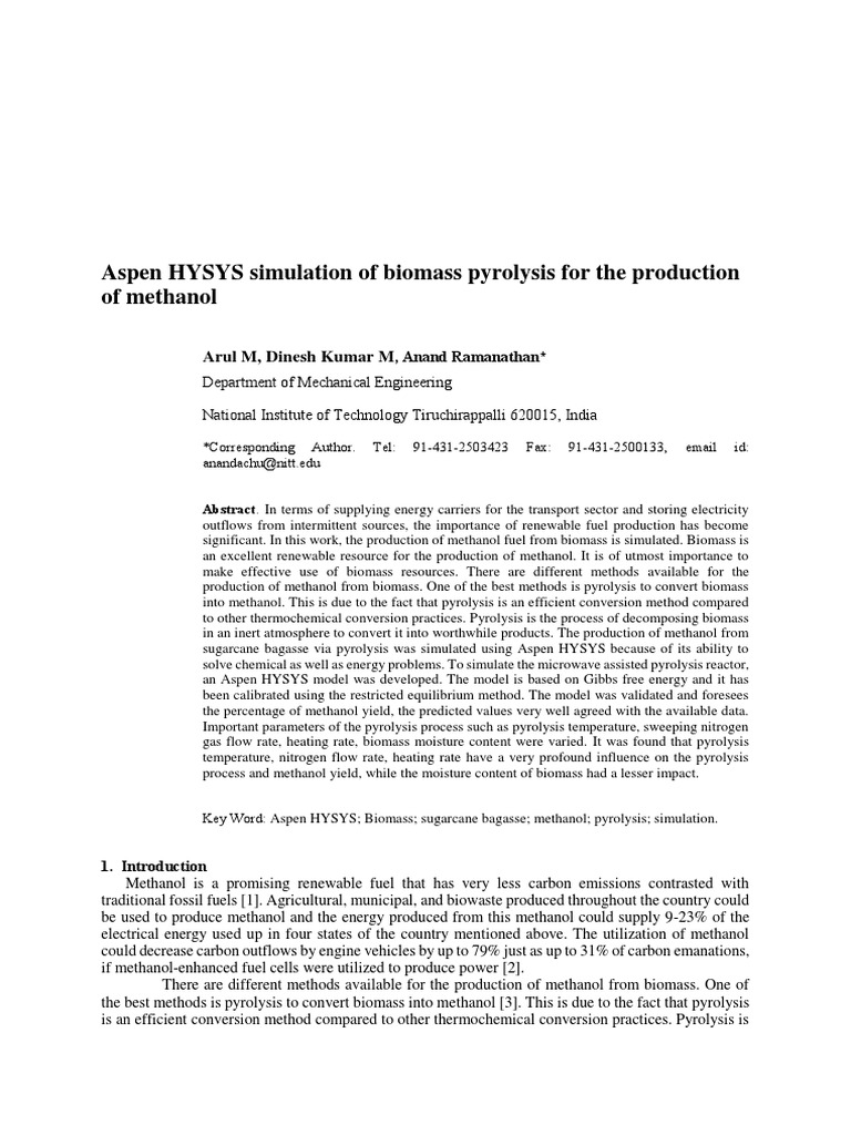 Aspen HYSYS Simulation of Biomass Pyrolysis For The Production of Methanol | PDF | Biomass ...