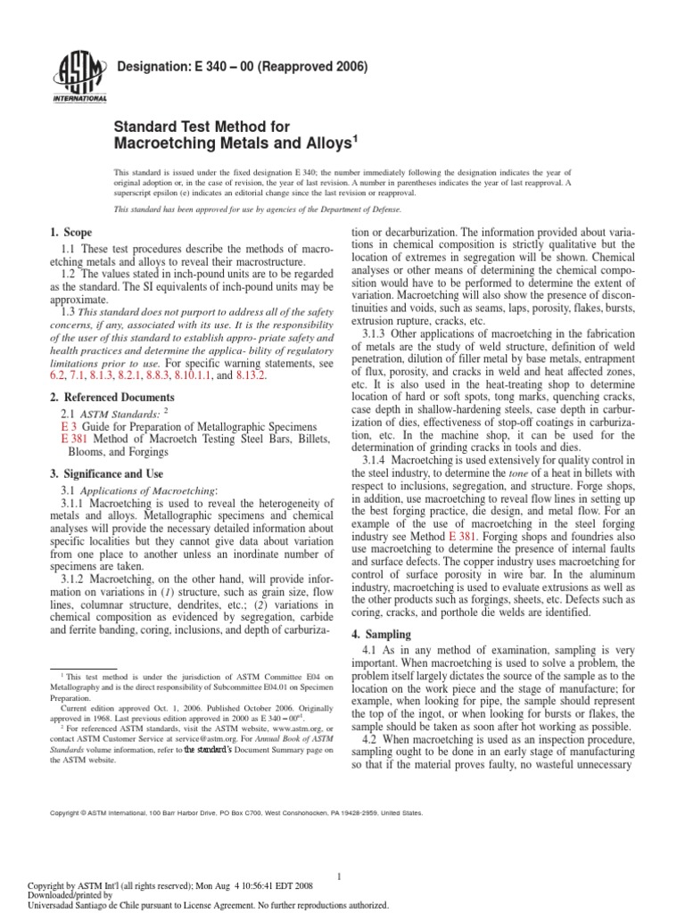 Standard Test Method For Macroetching Me | PDF | Etching | Steel