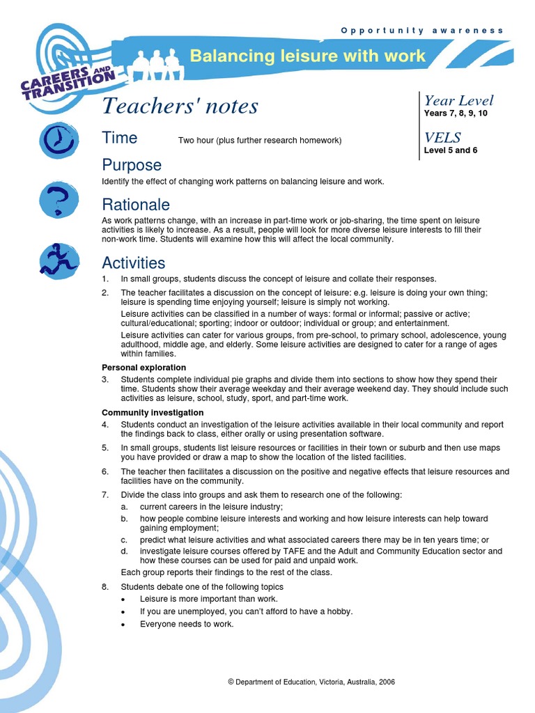 Teachers' Notes: Balancing Leisure With Work | Download Free PDF ...