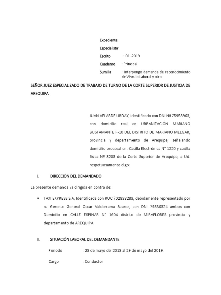 Demanda Laboral DE Reconocimiento de Vínculo Laboral y Otro | PDF | Derecho laboral | Salario