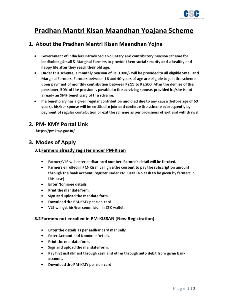 Pradhan Mantri Kisan Maandhan Yoajana Scheme PMKMY | Download Free PDF ...