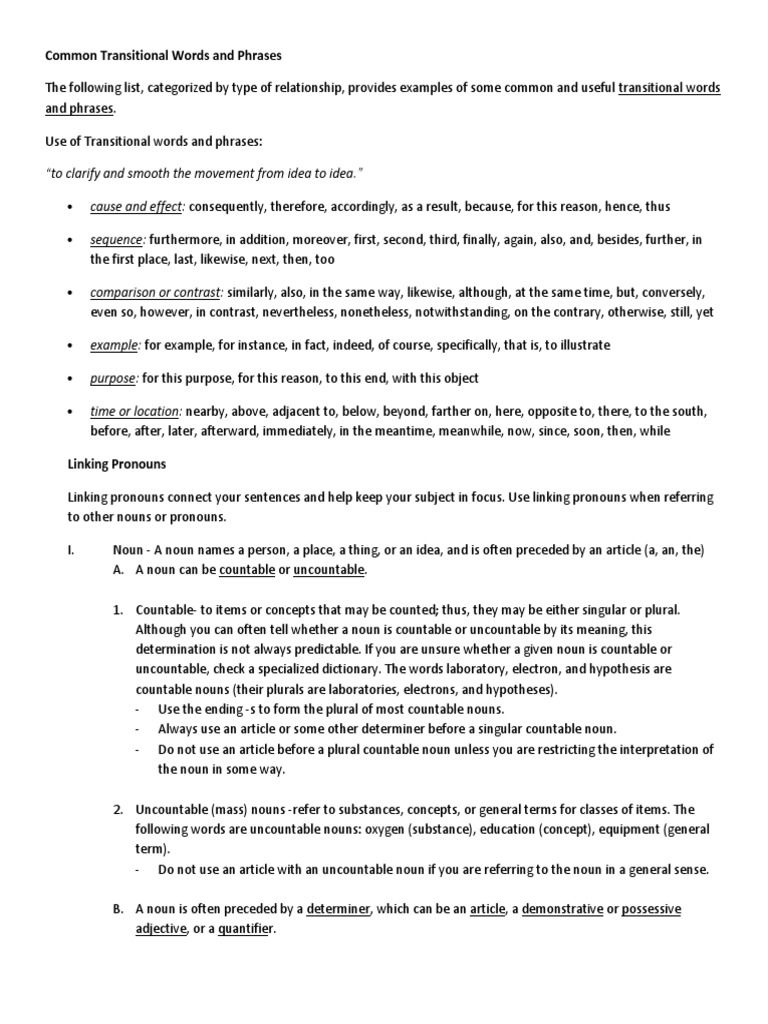 Common Transitional Words and Phrases | PDF | Verb | Noun