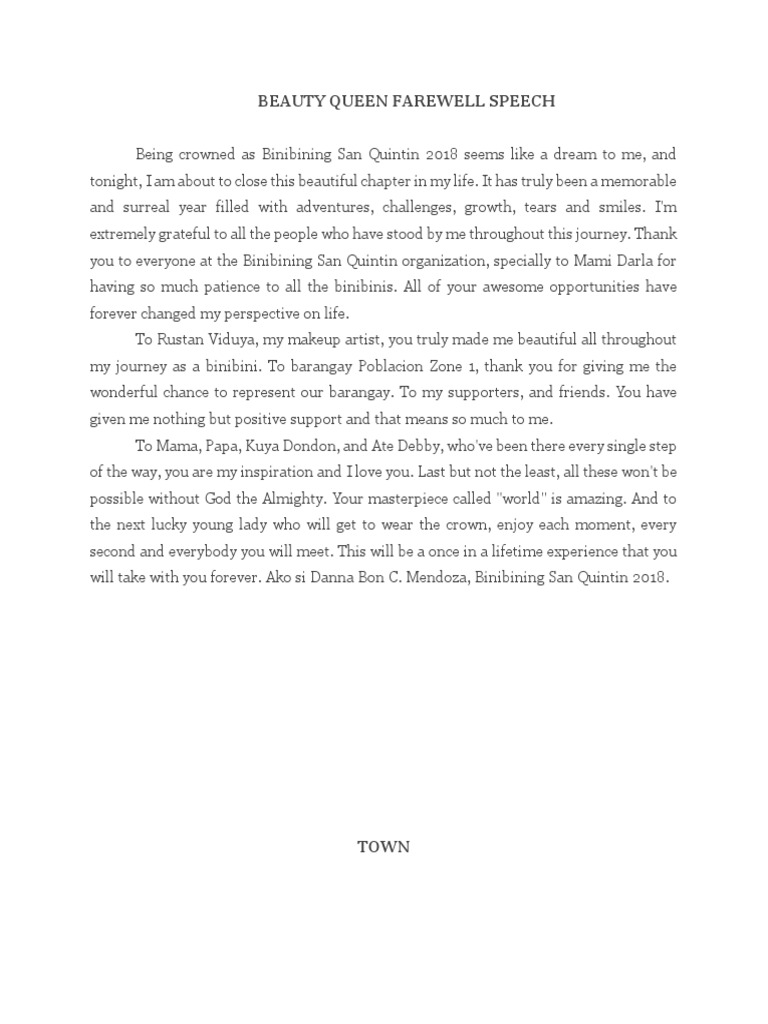 Beauty Queen Farewell Speech | PDF