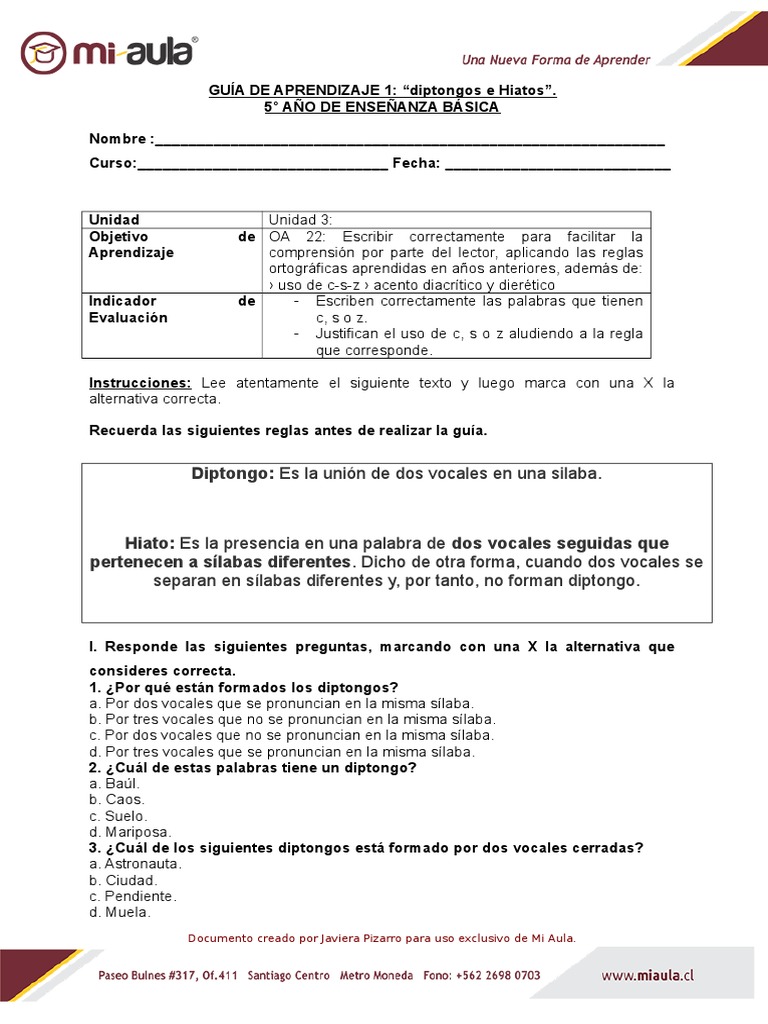 Prueba - 1 - Diptongos - e - Hiatos | PDF | Vocal | Sílaba