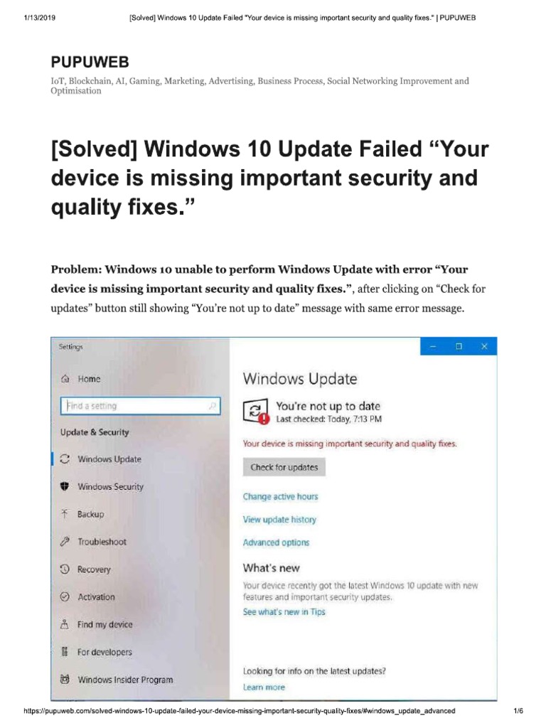 (Solved) Windows 10 Update Failed "Your Device Is Missing Important Security and Quality Fixes ...