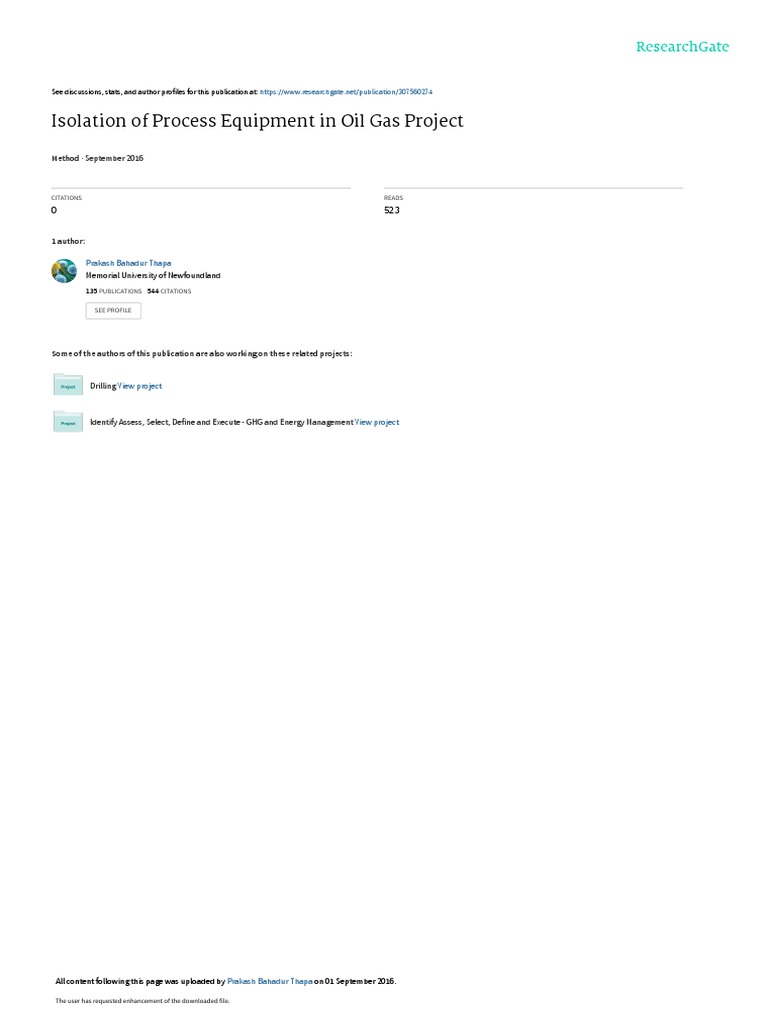 Isolation of Process Equipment in Oil Gas Project: September 2016 | PDF ...