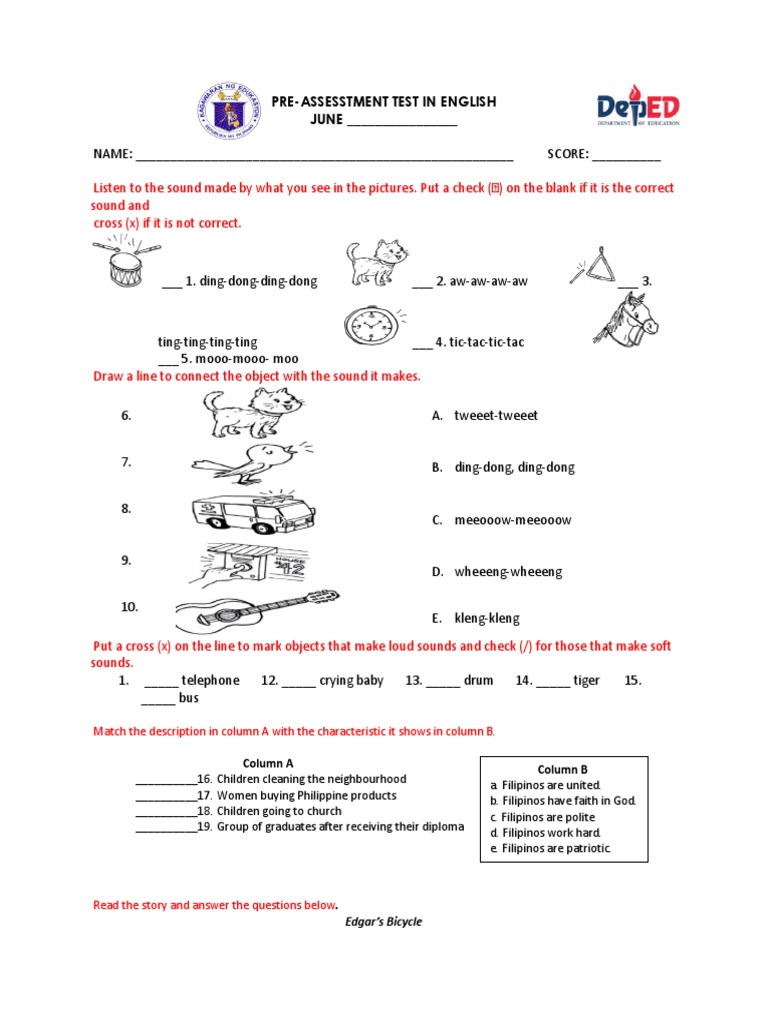 Grade 2 English Pre-Assessment Test | PDF