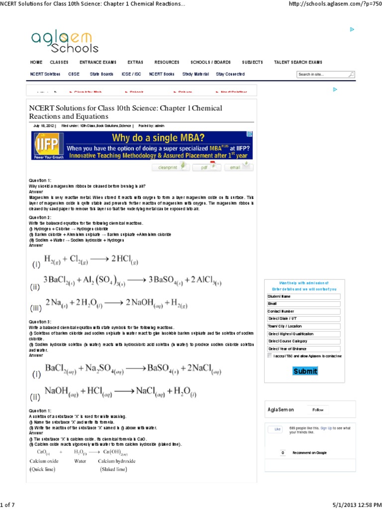 NCERT Solutions For Class 10th Science: Chapter 1 Chemical Reactions ...