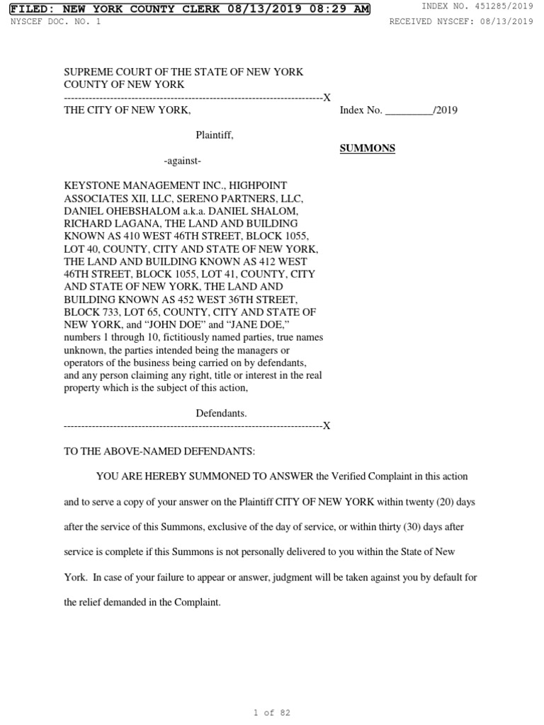 451285 2019 the City of New York v the City of New York SUMMONS COMPLAINT 1 | Rent Regulation ...