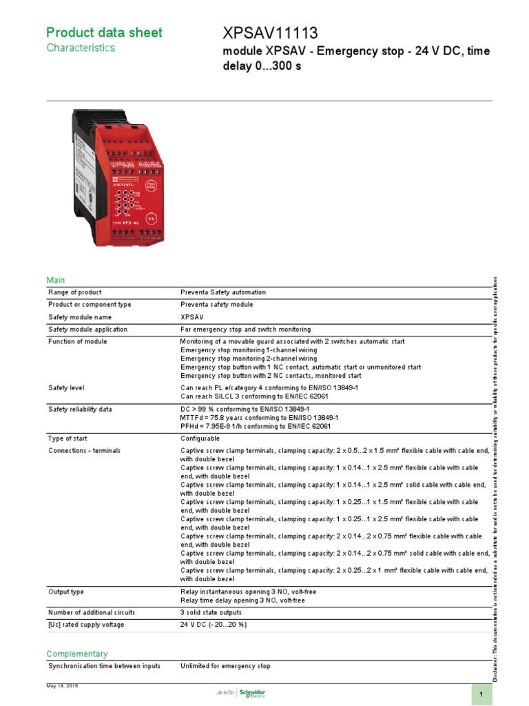 XPSAV11113 Emergency Stop Module Data | PDF | Relay | Fuse (Electrical)