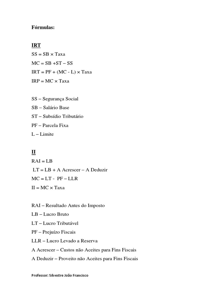 Fórmulas para Calculo Dos Impostos em Angola | PDF