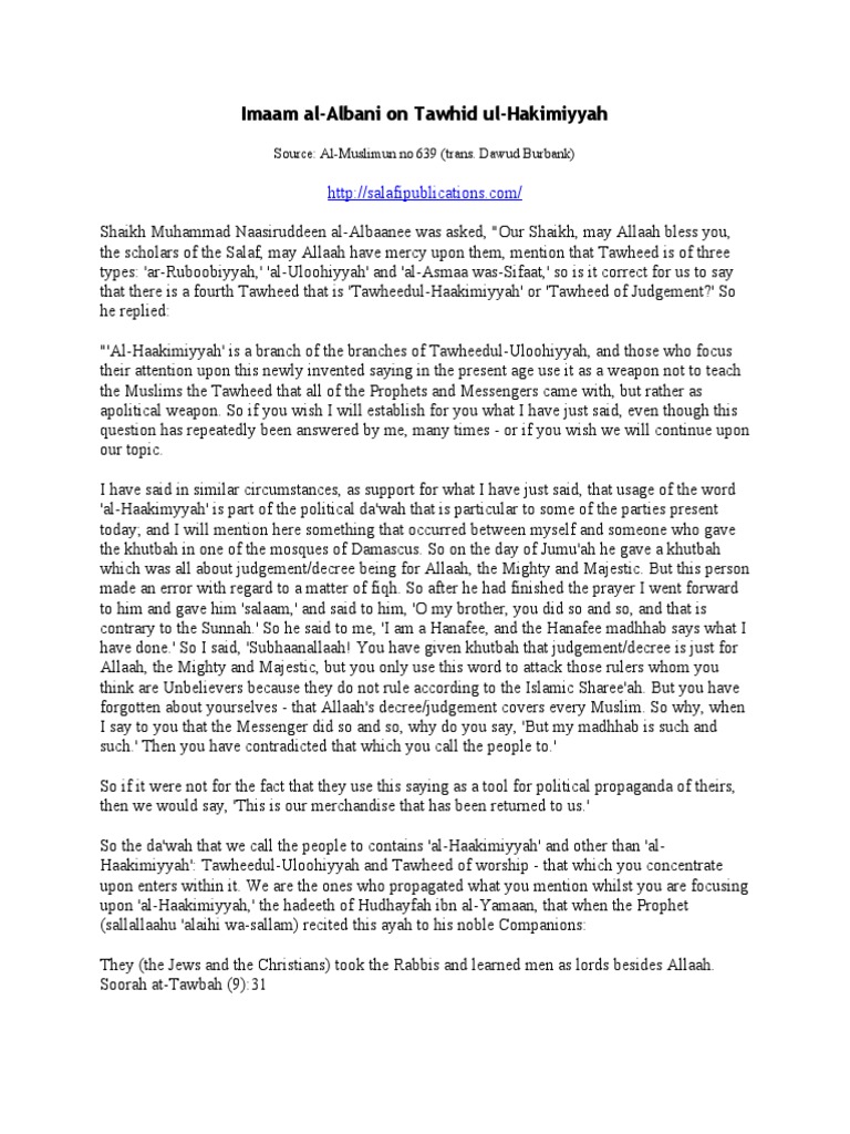 Imaam Al-Albaani On Tawhid Ul-Hakimiyyah | PDF | Prophets And ...