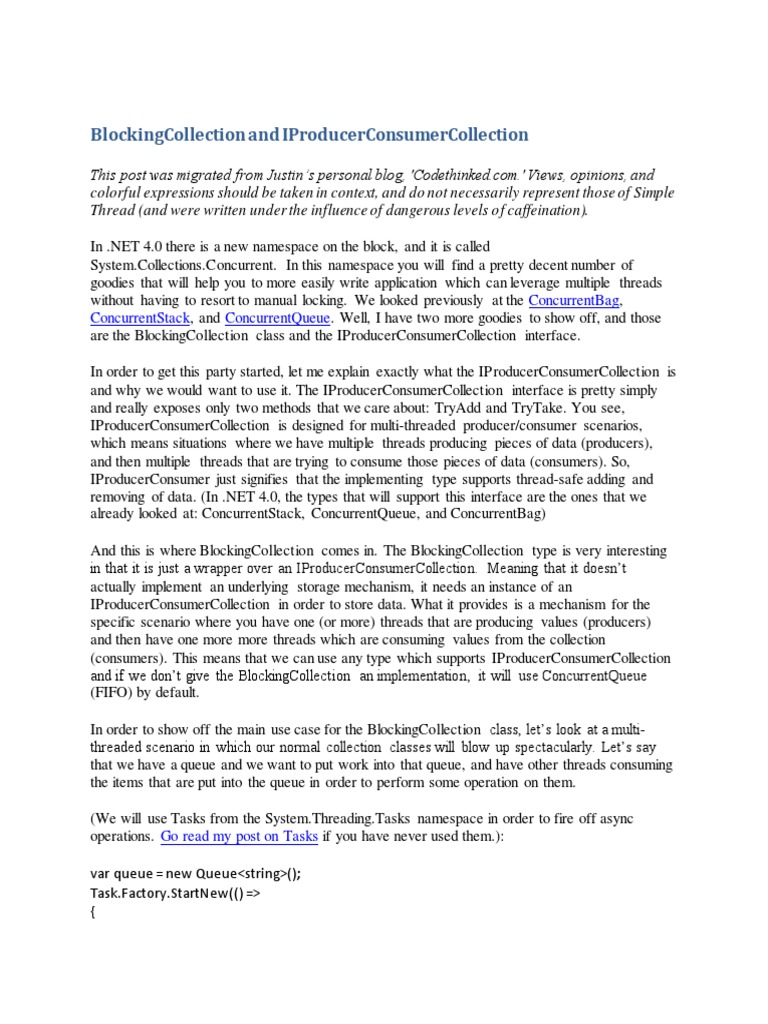 .NET Multi-threading with BlockingCollection | PDF | Queue (Abstract Data Type) | Programming ...