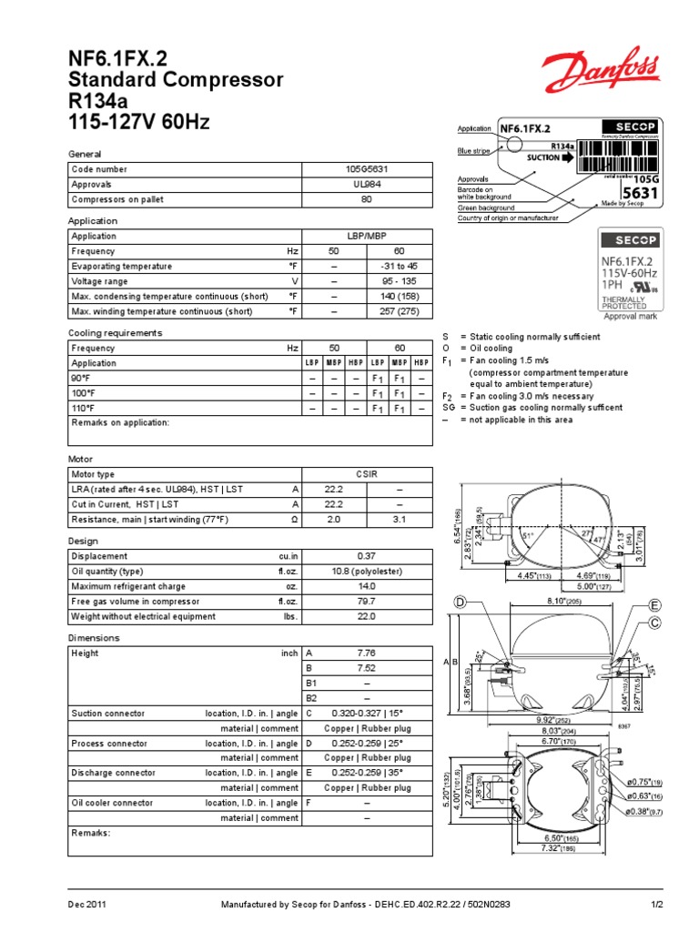 NF6.1FX.2 Standard Compressor R134a 115-127V 60Hz: General | PDF ...