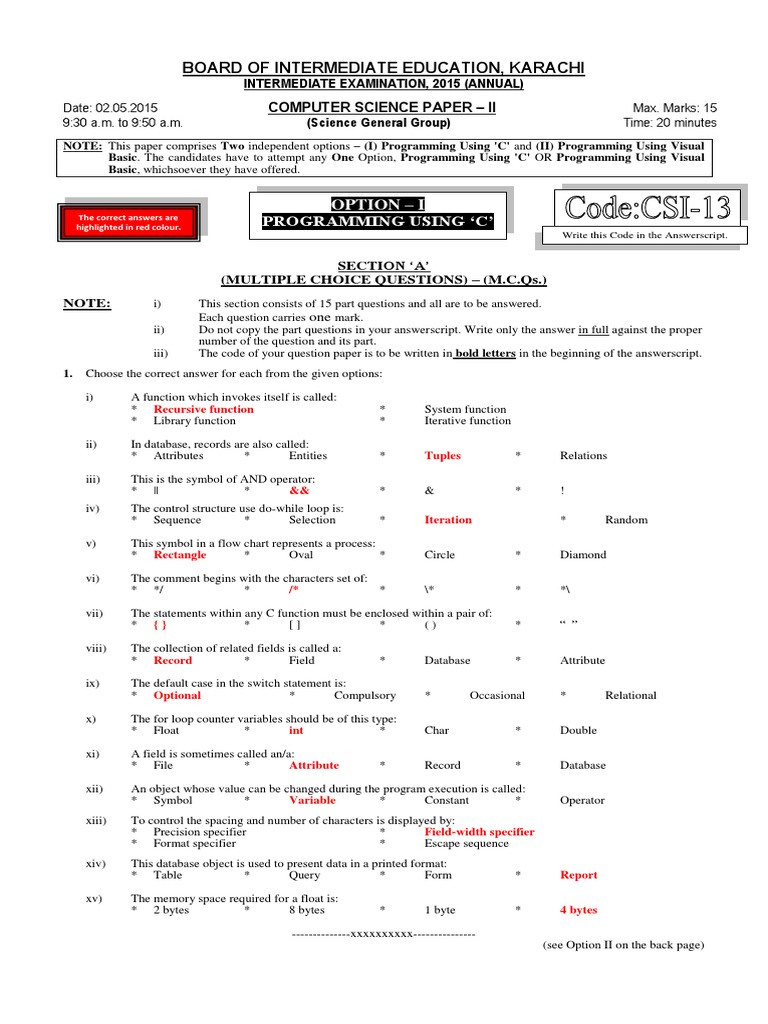Board of Intermediate Education, Karachi: Option - I Programming Using C' | PDF | Control Flow ...