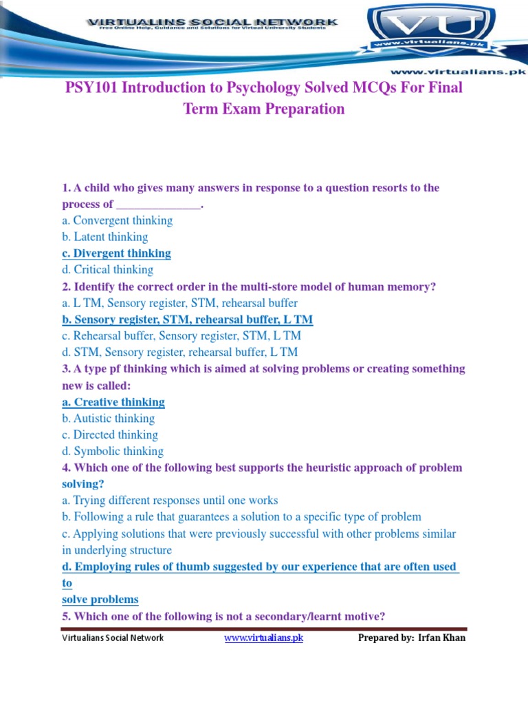 PSY101 Final Exam MCQs Preparation | PDF | Psychology | Thought