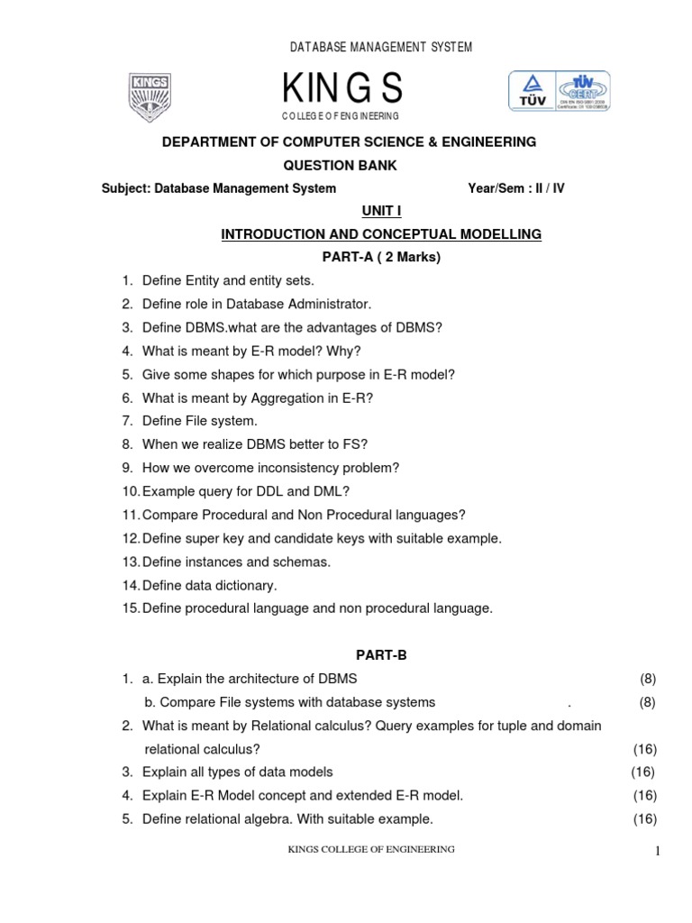 Kings: Department of Computer Science & Engineering Question Bank | PDF | Relational Model ...