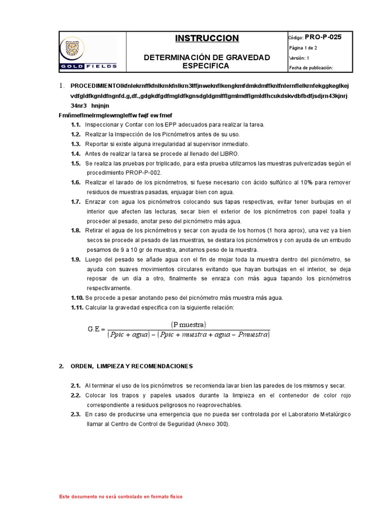 PROP-P - 025 Determinación de Gravedad Específica | PDF | Agua | Naturaleza