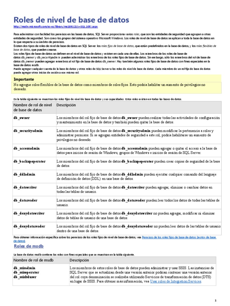 Roles de Nivel de Base de Datos | PDF | Servidor SQL de Microsoft | Tabla (base de datos)
