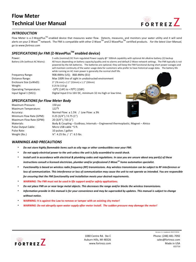 Fortrezz Z-Wave Water Flow Meter Manual | PDF | Mains Electricity ...