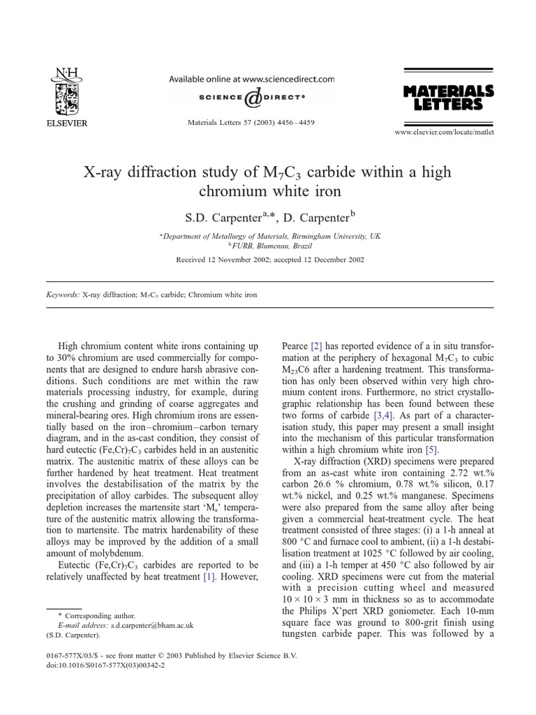 X-Ray Diffraction Study of M7C3 Carbide Within A High Chromium White ...