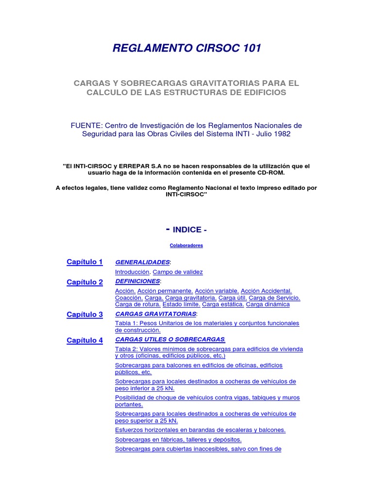 Reglamento Cirsoc 101 Cargas y Sobrecargas PDF | PDF | Loseta | Hormigón