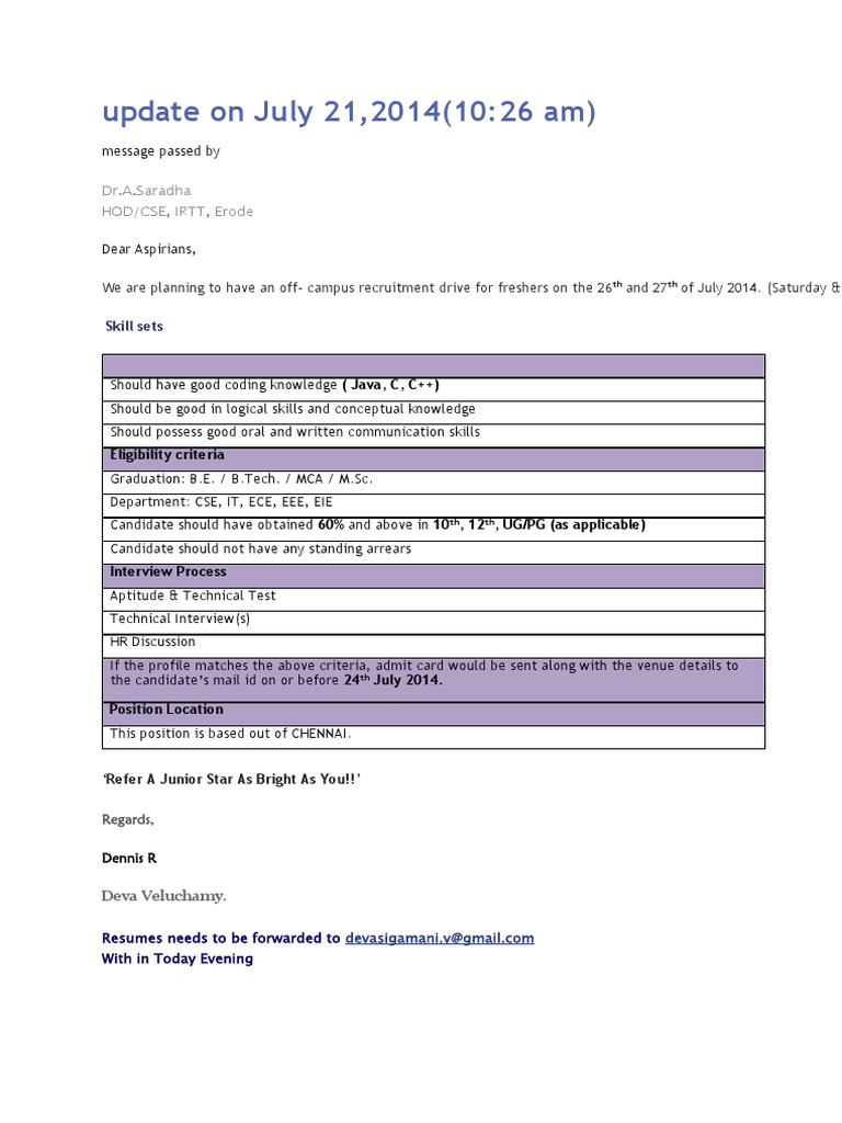 Update On July 21,2014 (10:26 Am) : Dr.A.Saradha HOD/CSE, IRTT, Erode | PDF