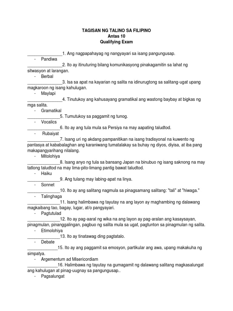 Buwan Ng Wika Tagisan Ng Talino Questions