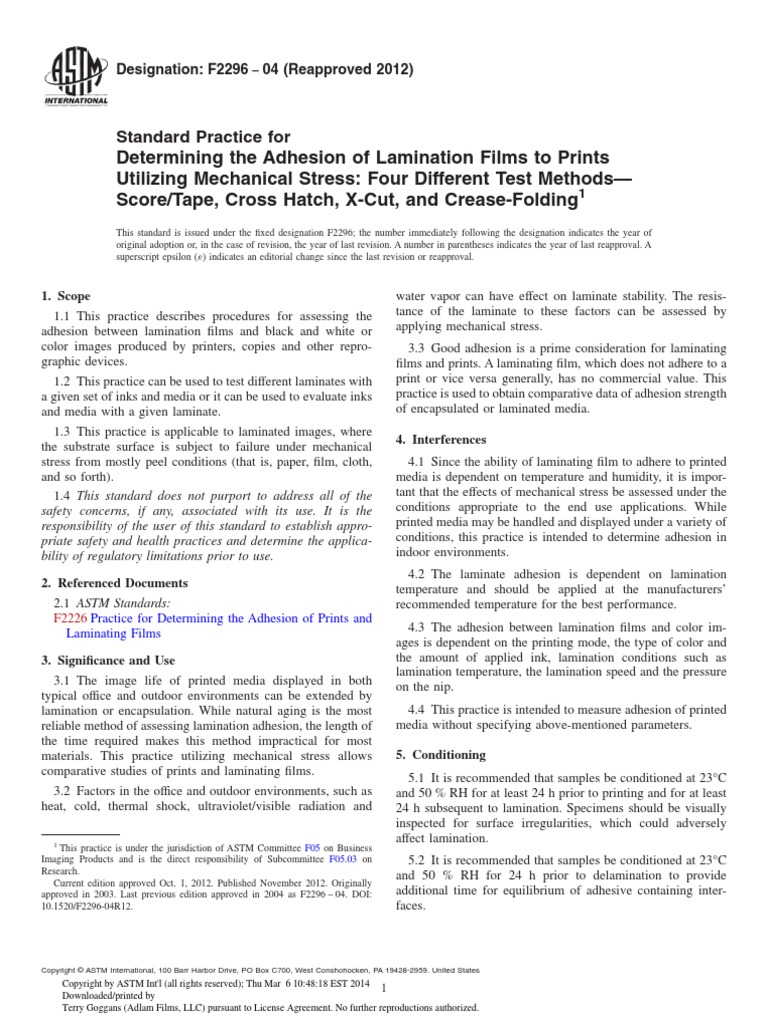 ASTM F2296 Lamination Test Methods | PDF | Lamination | Adhesion