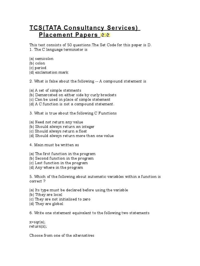 TCS (TATA Consultancy Services) Placement Papers | PDF | C (Programming ...