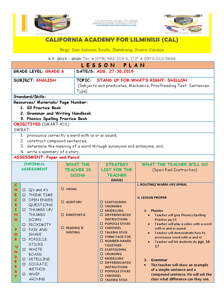 California Academy For Lilminius (Cal) : Lesson Plan | PDF | Phonics ...