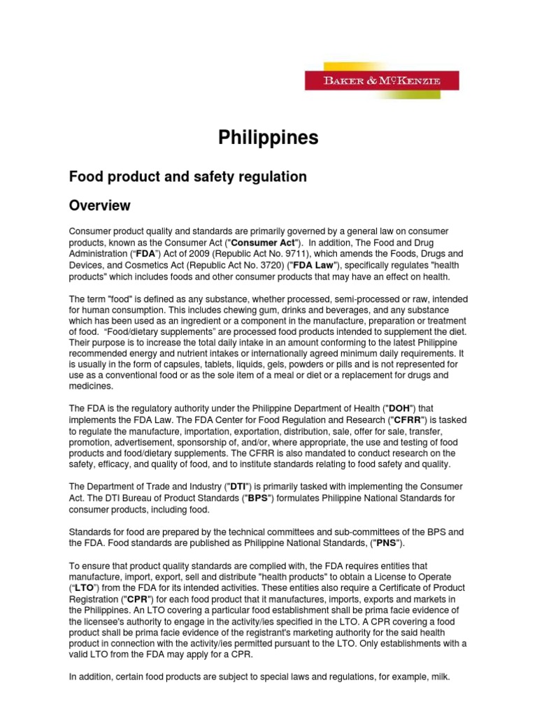 Philippines: Food Product and Safety Regulation | PDF | Food Energy ...