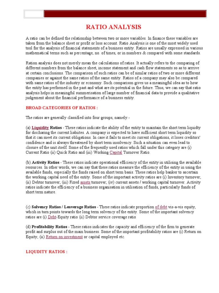 Ratio Analysis: Broad Categories of Ratios | PDF | Working Capital ...