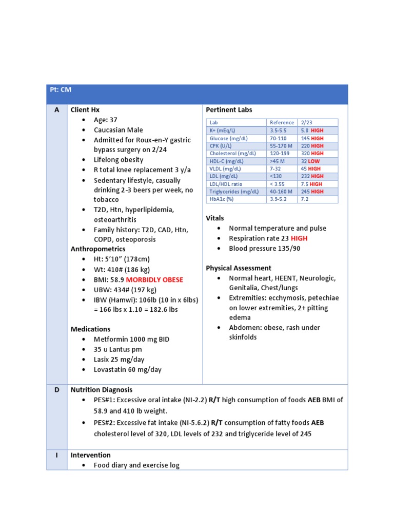 ADIME #3 - Bariatric Case Study | PDF | Obesity | Foods