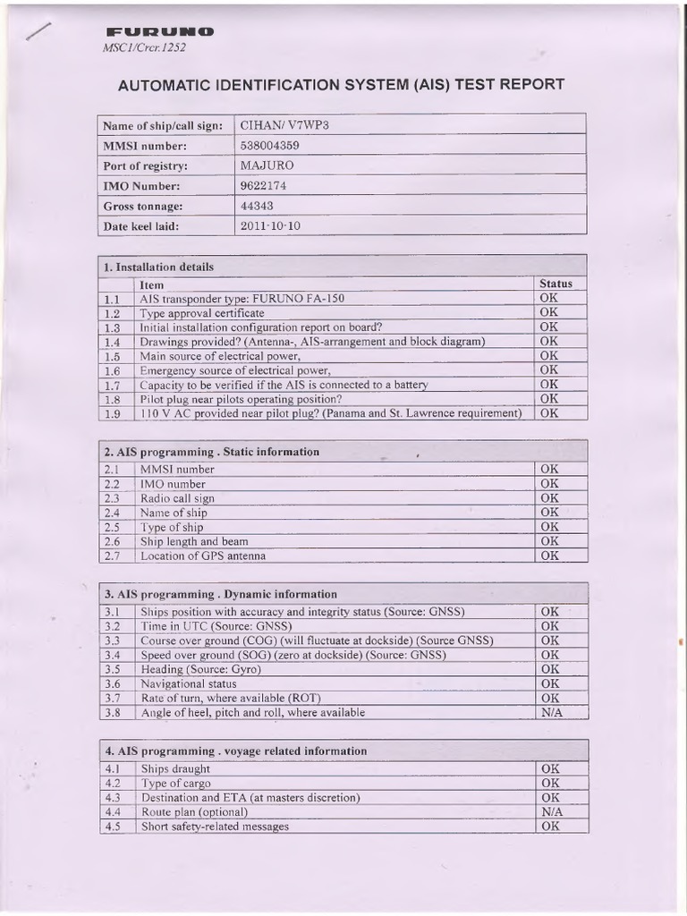 Automatic Identification System (Ais) Test Report: MSCİ/Crcr. 1252 ...