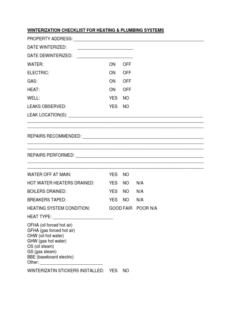 Winterization Checklist Template | PDF | Water Heating | Home