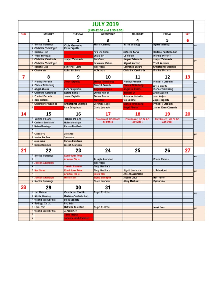 JULY 2019: Monday Tuesday Wednesday Thursday Friday | PDF