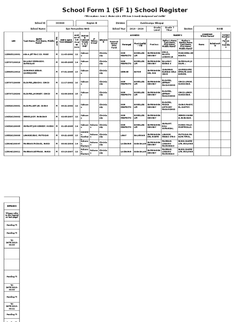 School Form 1 (SF 1) School Register | PDF