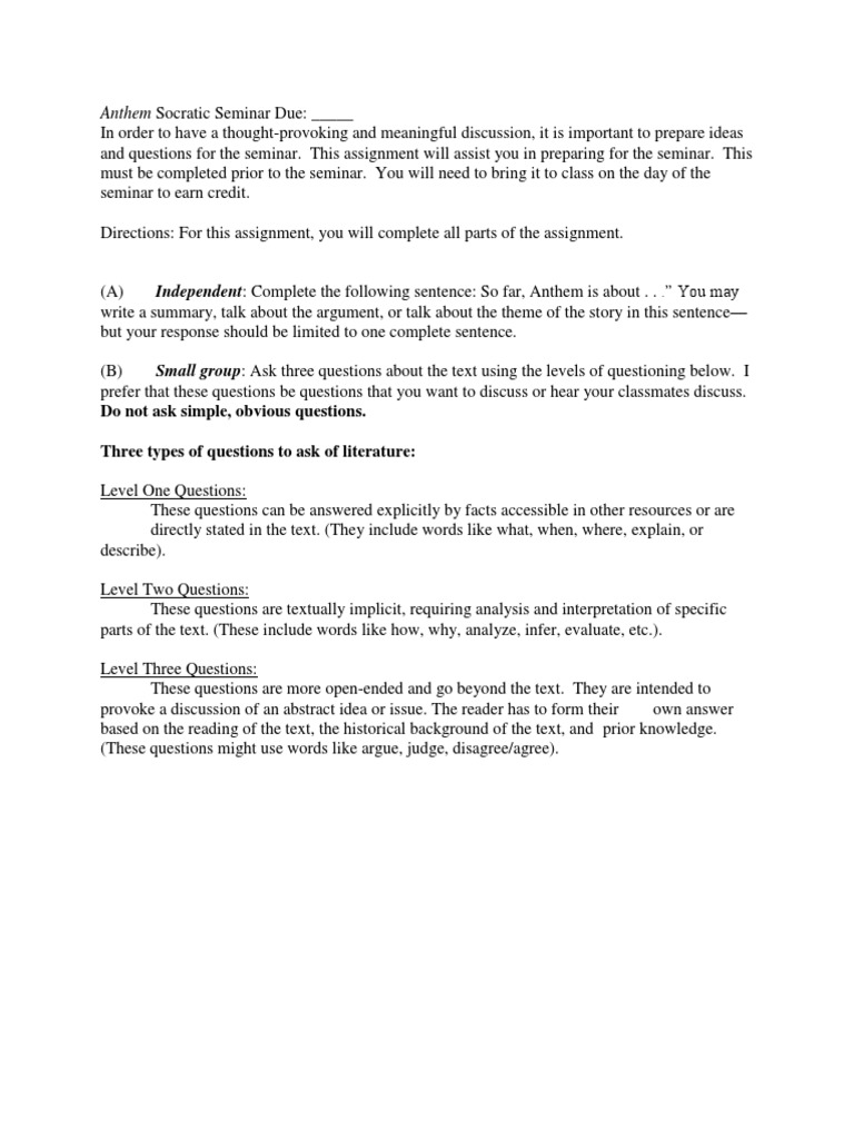 Anthem Socratic Seminar 2019 Assignment | PDF | Evidence | Argument