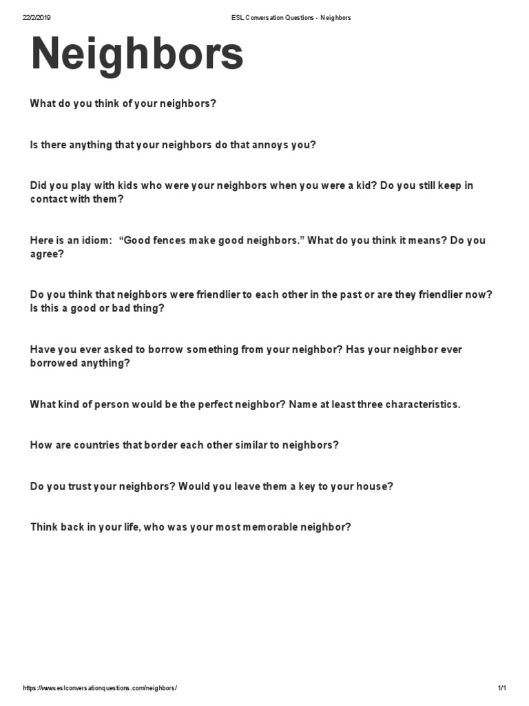 ESL Conversation Questions - Neighbors PDF | PDF