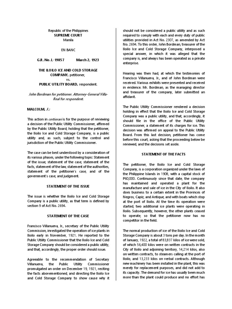 The Iloilo Ice and Cold Storage Company v. Public Utility Board | PDF ...