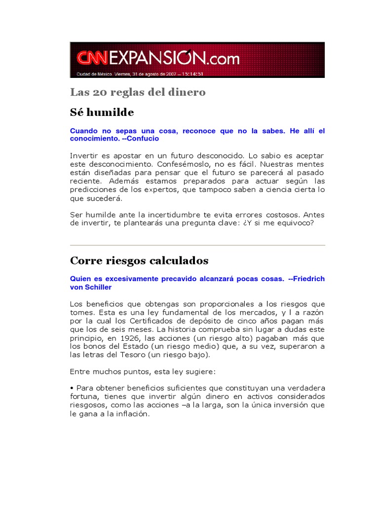 Las 20 Reglas Del Dinero | PDF | Asignación de activos | Compartir (Finanzas)