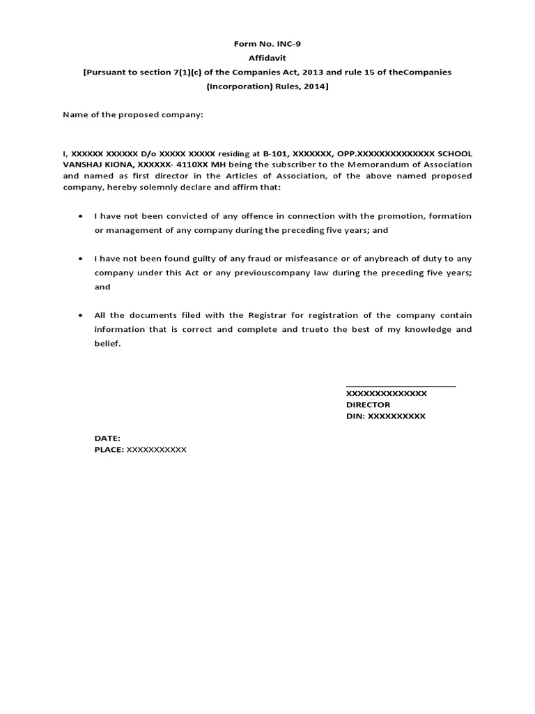 INC-9 Affidavit for Company Formation | PDF