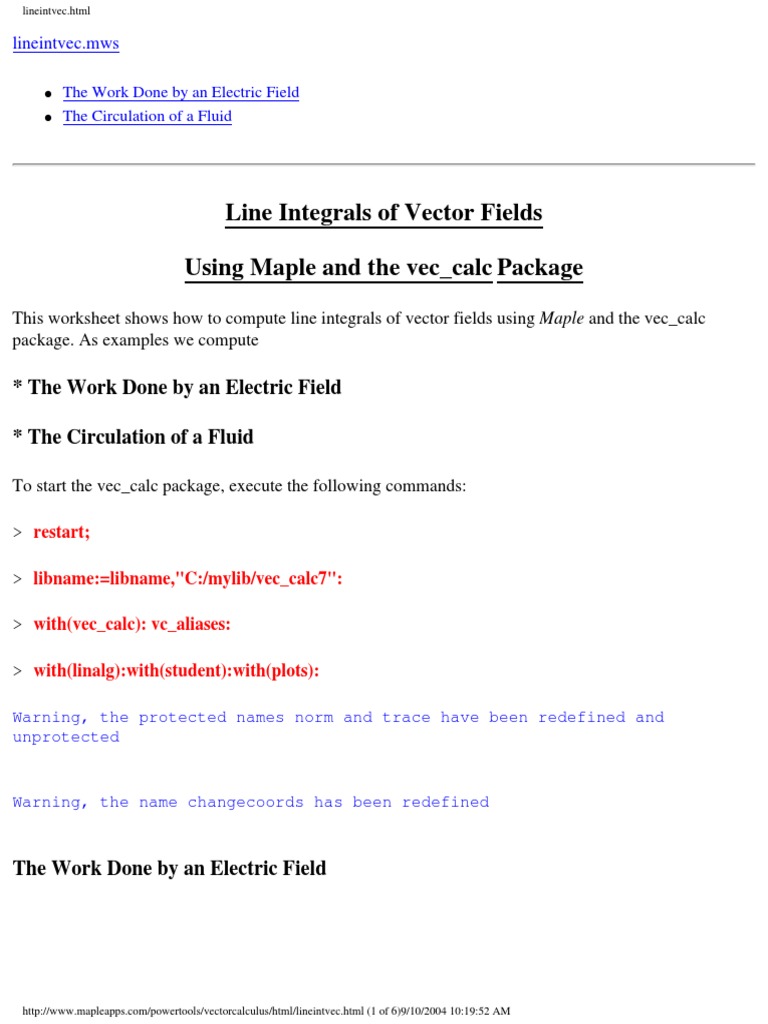 Line Integrals of Vector Fields Using Maple and The Vec - Calc Package | PDF | Physical ...