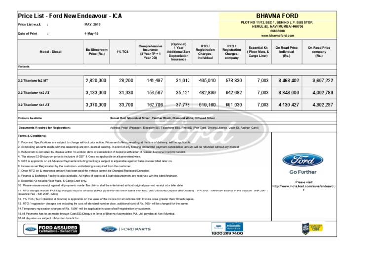 Price List - Ford New Endeavour - ICA Bhavna Ford: Variants | Download ...